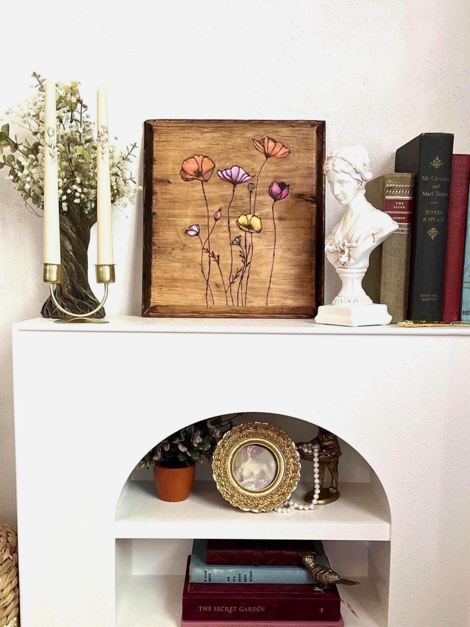 Handmade Pyrography Floral Panel - Botanical Wood Burned Art | Poppy ...