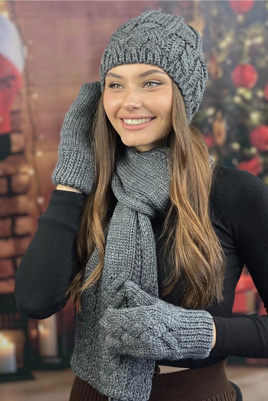 5-color Set: Knitted Alpaca Hat, Scarf, and Gloves; Warm Women's Winter ...
