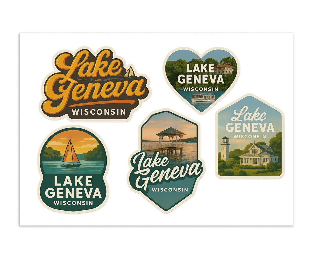 Lake Geneva Wisconsin Sticker Sheet - 5 Pack Vintage Travel Decals ...
