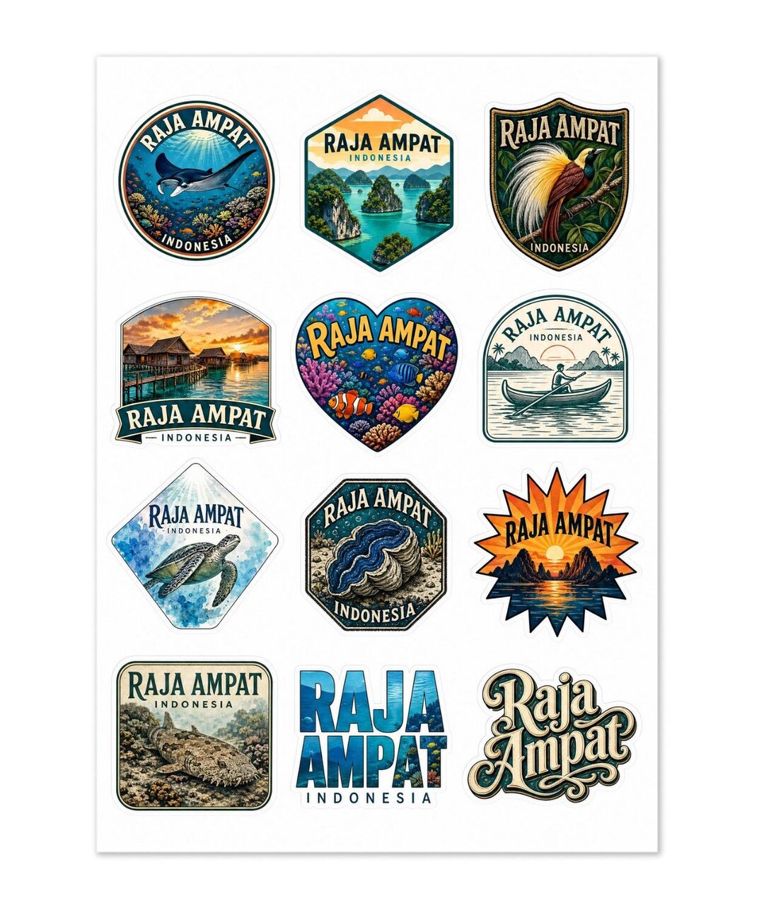 Raja Ampat Indonesia Sticker Sheet: Marine Life, Islands, Wildlife ...