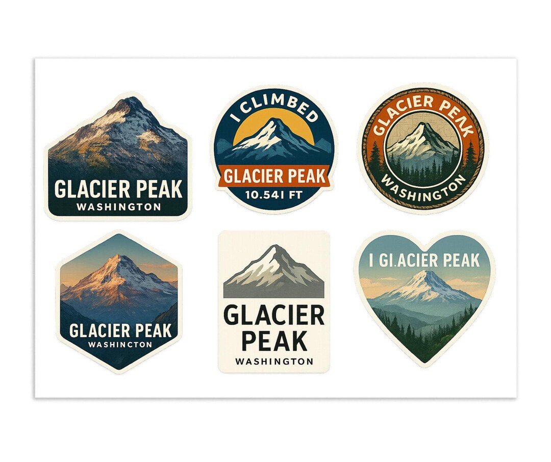 Glacier Peak Sticker Sheet - 6 Summit Hiking Vinyl Stickers - Mountain ...