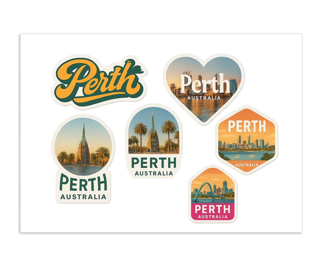 Perth Australia Sticker Sheet - 6 Travel Souvenir Stickers Featuring ...
