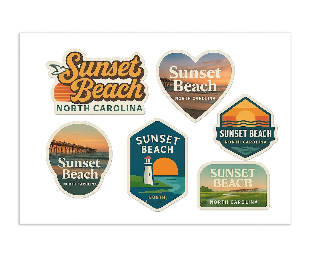 Sunset Beach North Carolina Sticker Sheet - 6 Pack Souvenir Travel ...