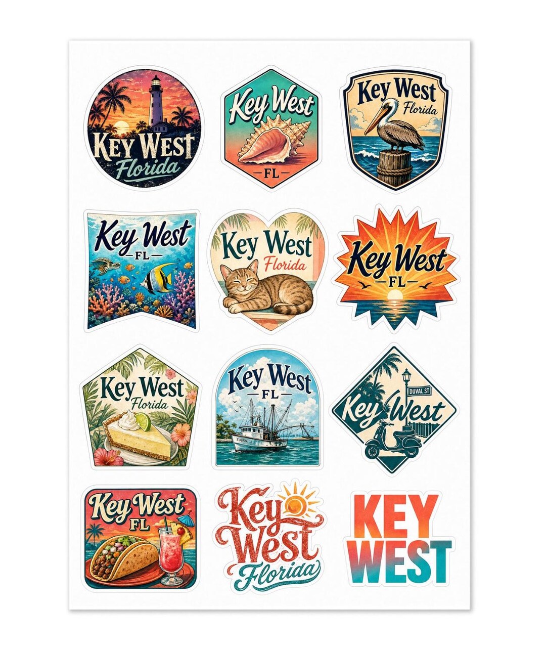 Key West Florida Souvenir Sticker Sheet: 12 Kiss-cut Vinyl Decals ...