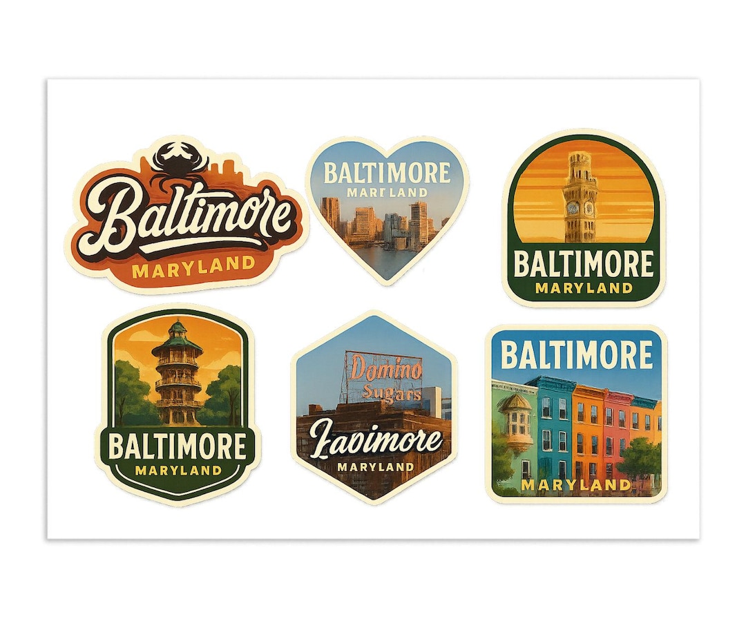 Baltimore Maryland Sticker Sheet - 6 Travel Souvenir Stickers Featuring ...