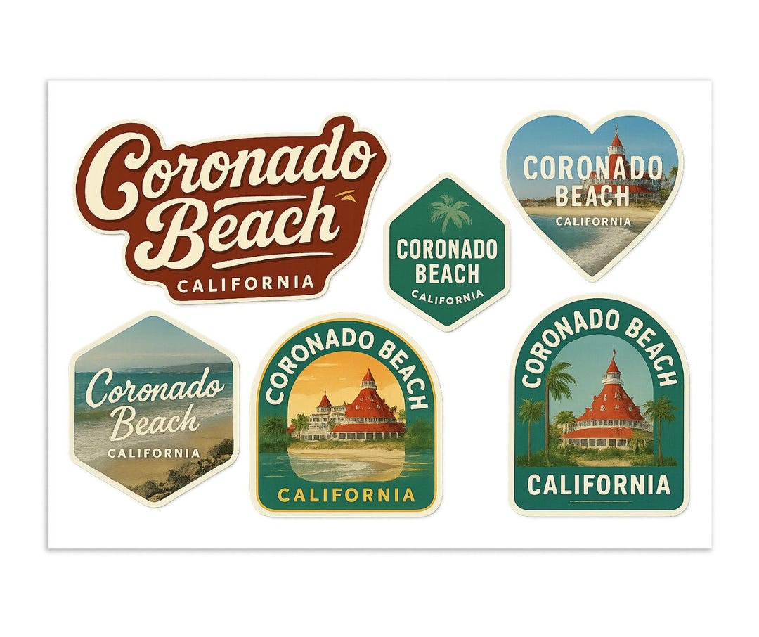 Coronado Beach California Sticker Sheet - 6 Vintage Travel Stickers ...