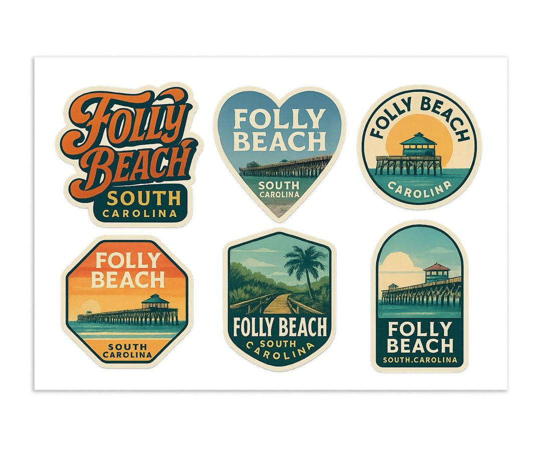 Folly Beach South Carolina Sticker Sheet - 6 Vintage Travel Decals ...