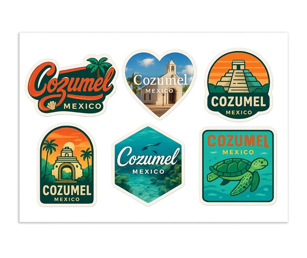 Cozumel Mexico Sticker Sheet: Travel Decals, Mayan Pyramid & Sea Turtle ...