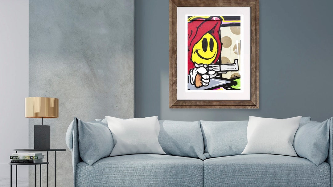 Manchester Graffiti Art Print, Cartoon Yellow Smiley Face, Red Hood ...