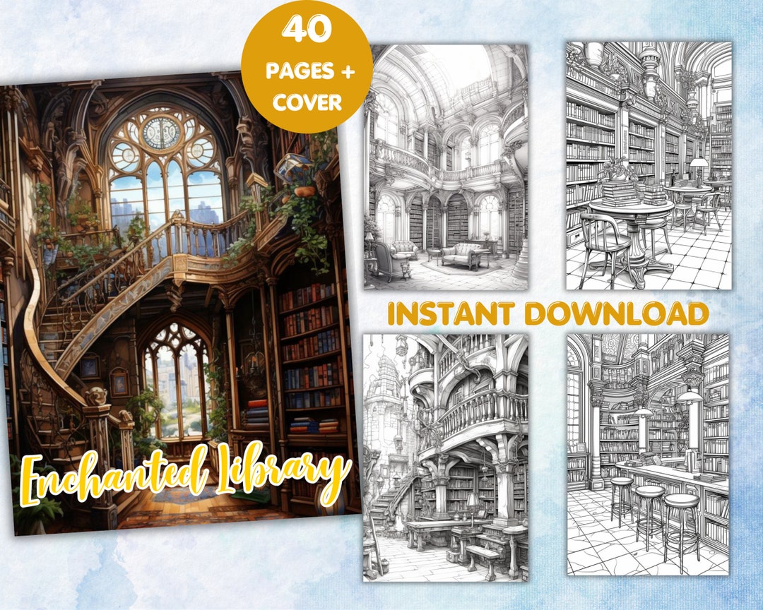 40 Enchanted Library Coloring Pages, Printable Fantasy Library Coloring ...