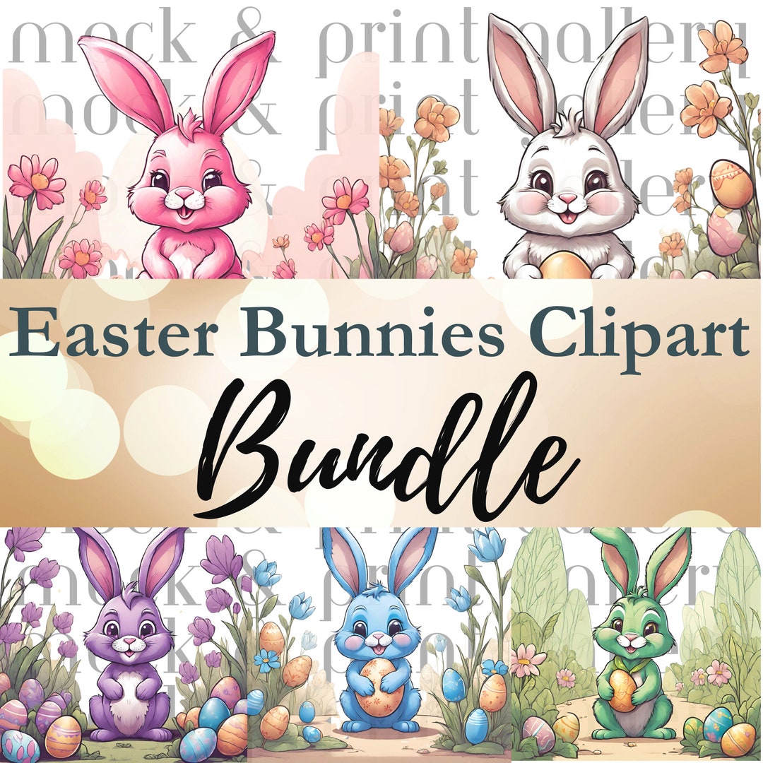 Easter Bunnies Clipart Bundle PNG, Digital File Cute Rabbit Art for ...