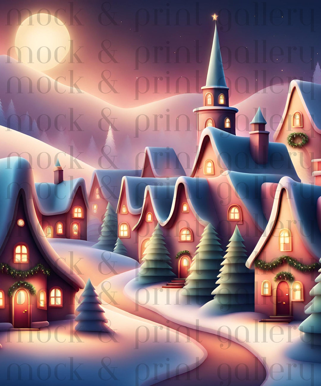 Dreamy Christmas Village Art Digital File PNG, Winter Holiday Digital ...