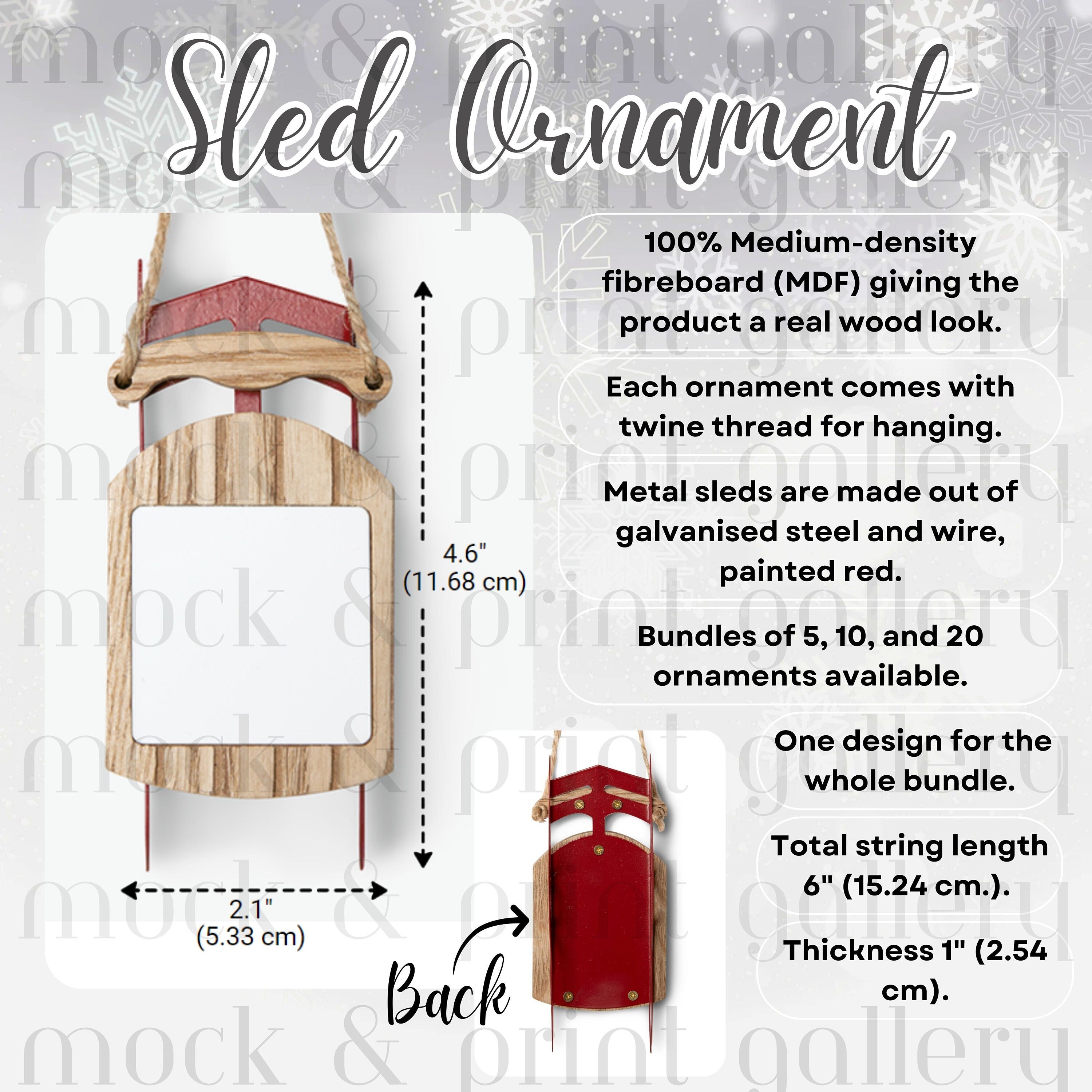Sled Ornament Size Chart and Key Features PNG, Snowy Christmas Holiday ...