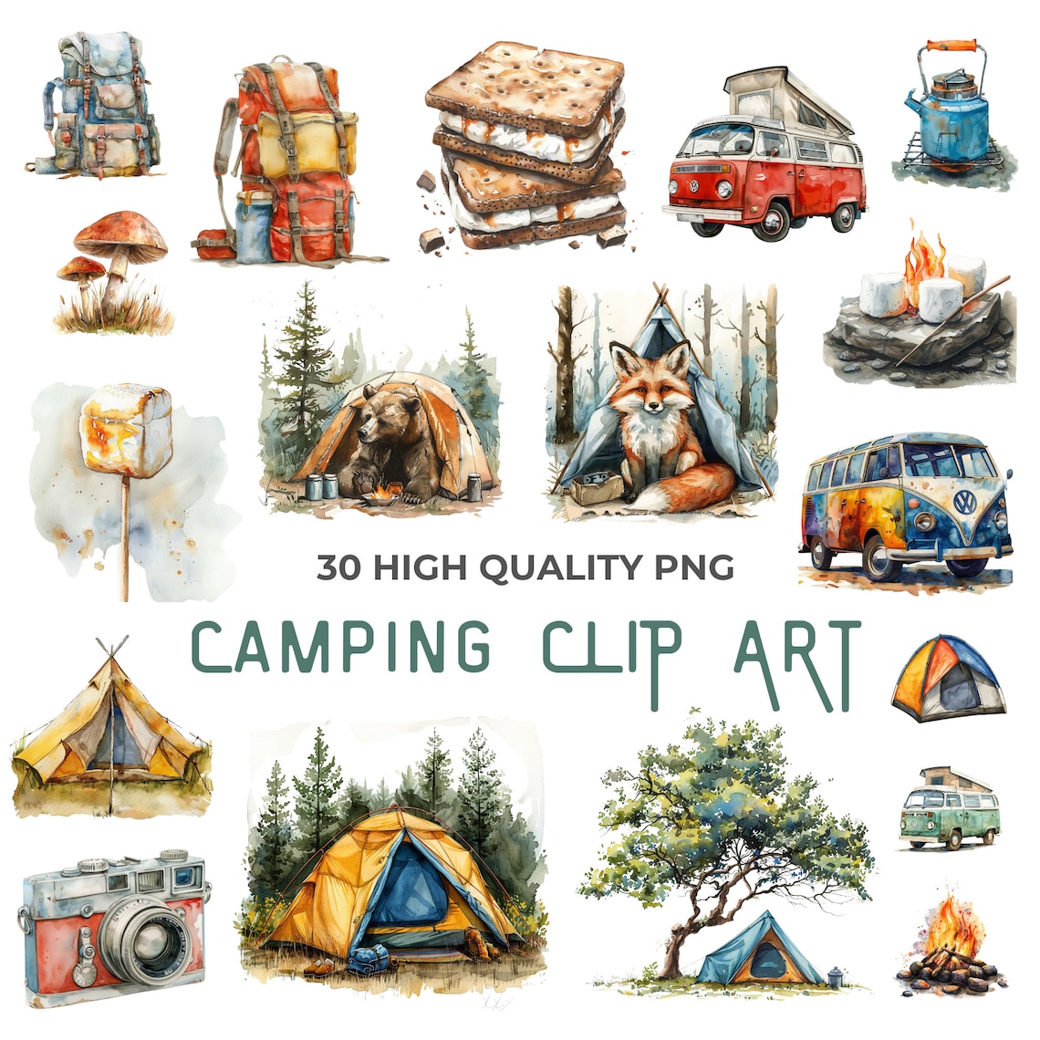 Camping Vintage Watercolor Clipart, Digital Art, 30 Camping PNG ...