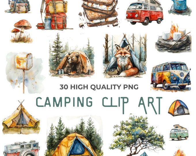 Camper Watercolor Clip Art PNG Camping Summer Clipart String Lights S ...