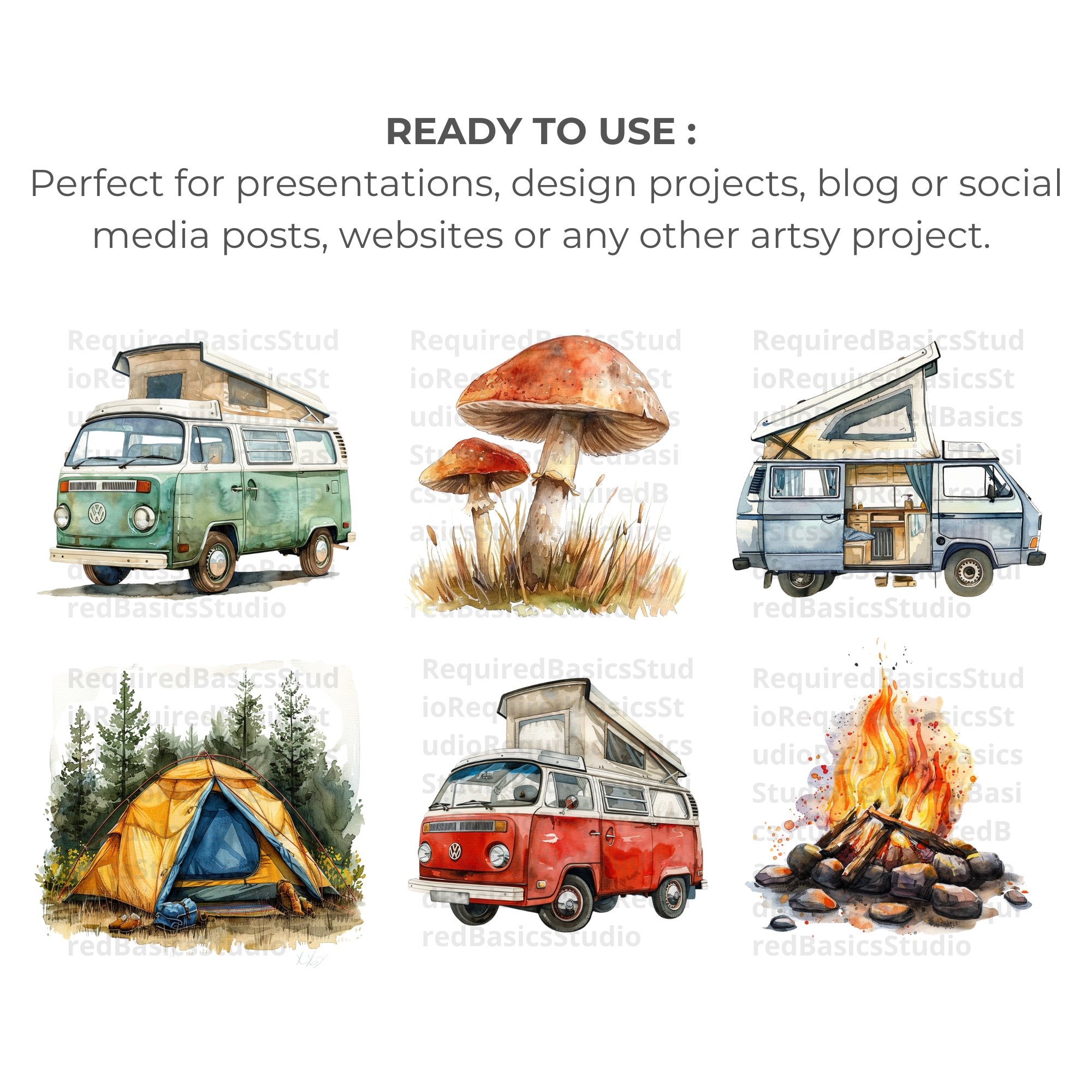 Camping Vintage Watercolor Clipart, Digital Art, 30 Camping PNG ...