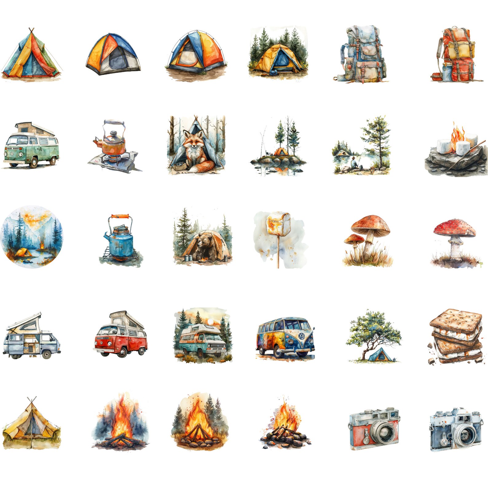 Camping Vintage Watercolor Clipart, Digital Art, 30 Camping PNG ...