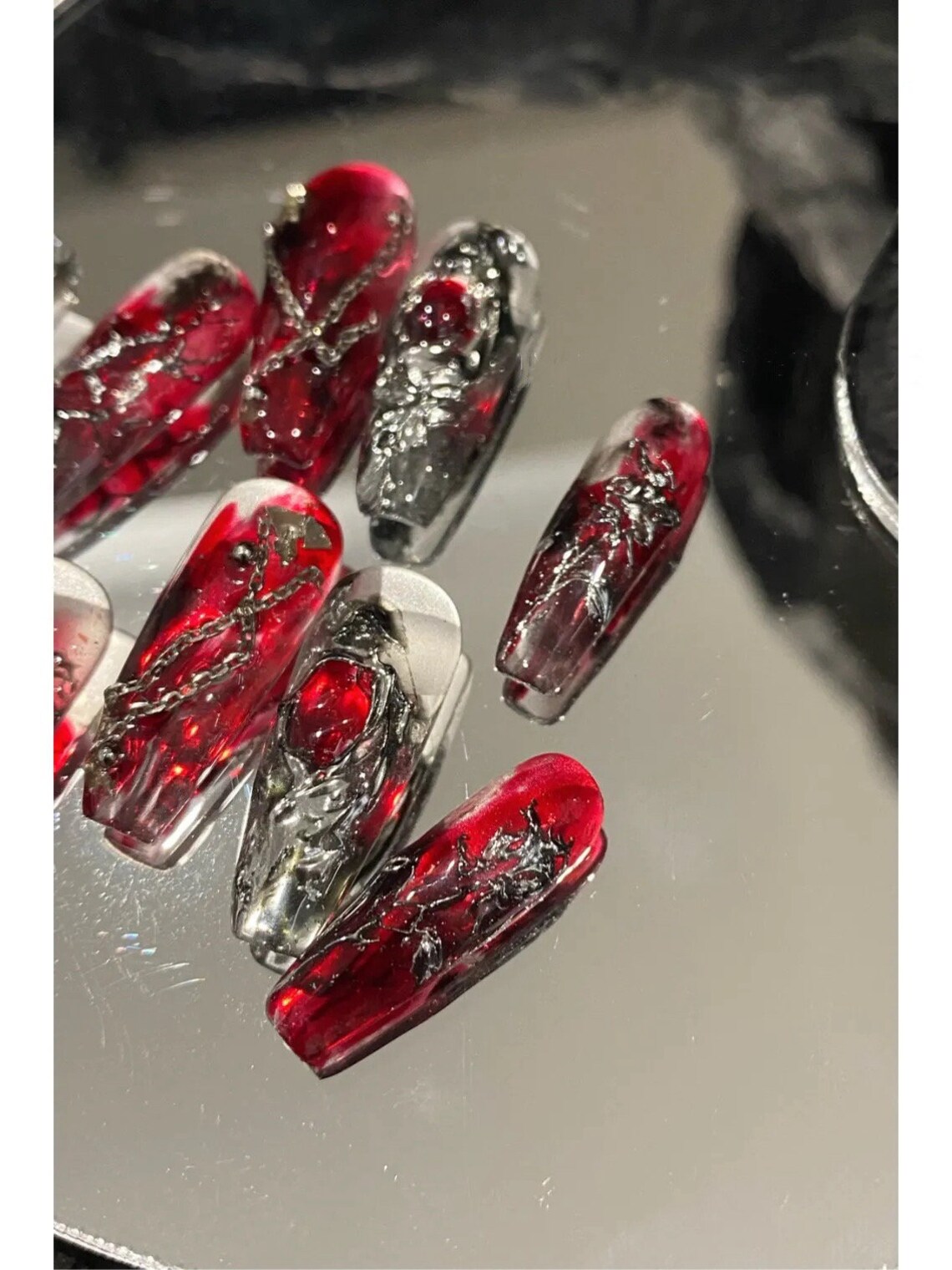 Red Gray Gothic Press on Nails, Handpainted Nails, 3D Luxury Acrylic ...