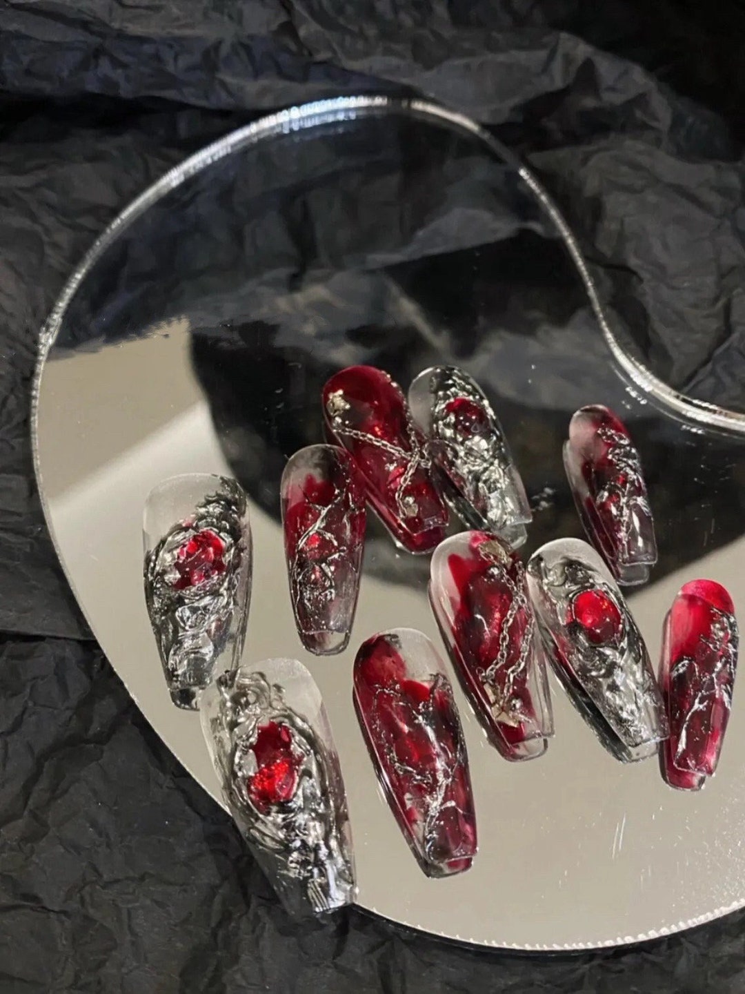 Red Gray Gothic Press on Nails, Handpainted Nails, 3D Luxury Acrylic ...