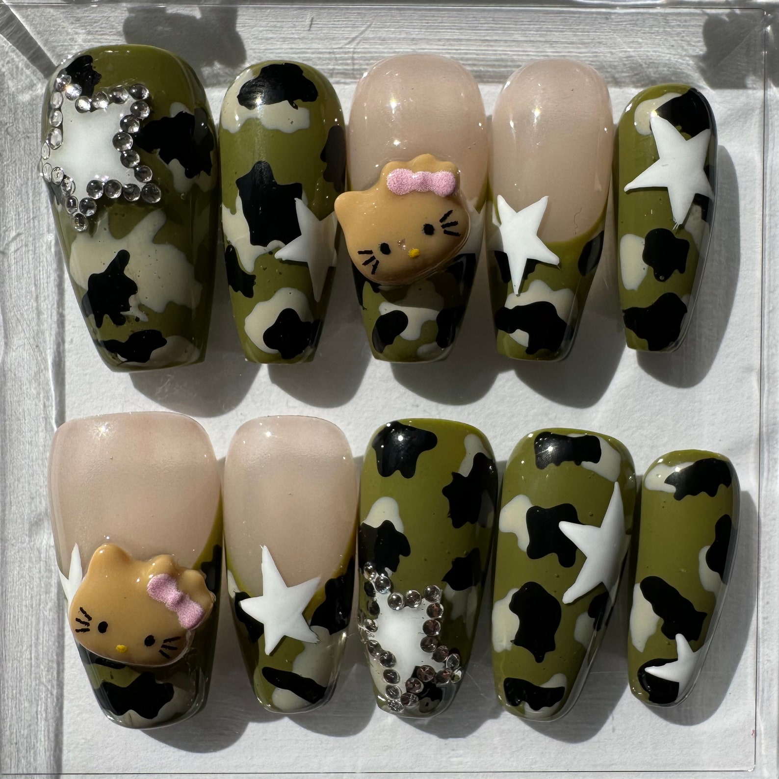 Camo Kitty Kat Coffin Nails, Handmade Acrylic Nails Long, Y2K Nails ...
