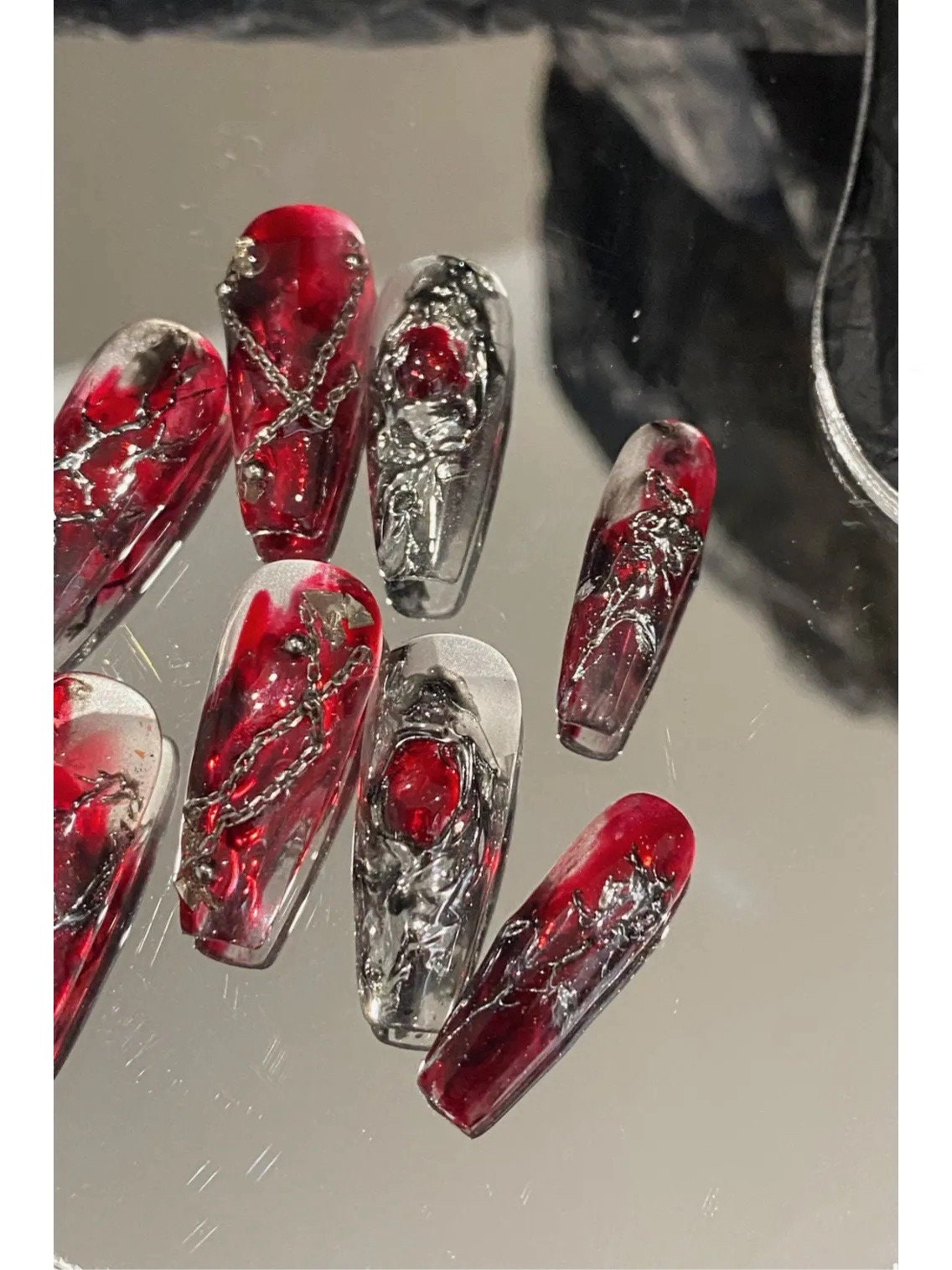Red Gray Gothic Press on Nails, Handpainted Nails, 3D Luxury Acrylic ...