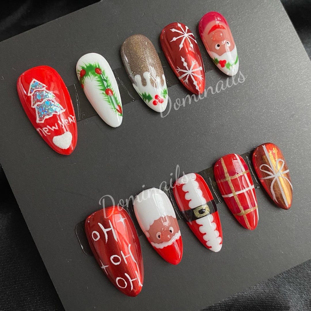3D Christmas Press on Nails, Red Santa Nails, Hand-painted Holiday ...