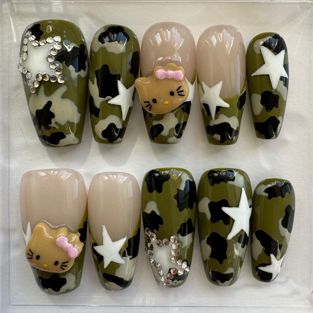 Camo Kitty Kat Coffin Nails, Handmade Acrylic Nails Long, Y2K Nails ...