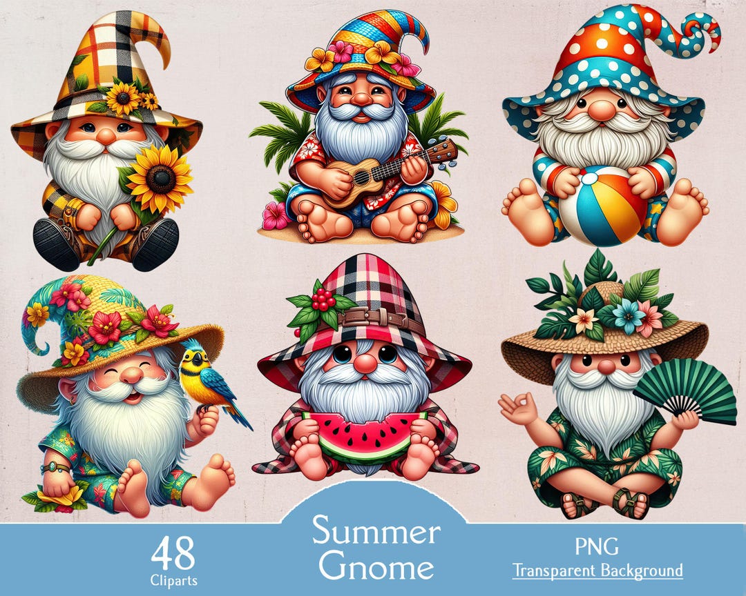 Summer Gnome Clipart Bundle, 48 PNG Cliparts, Card Making, Watercolor ...