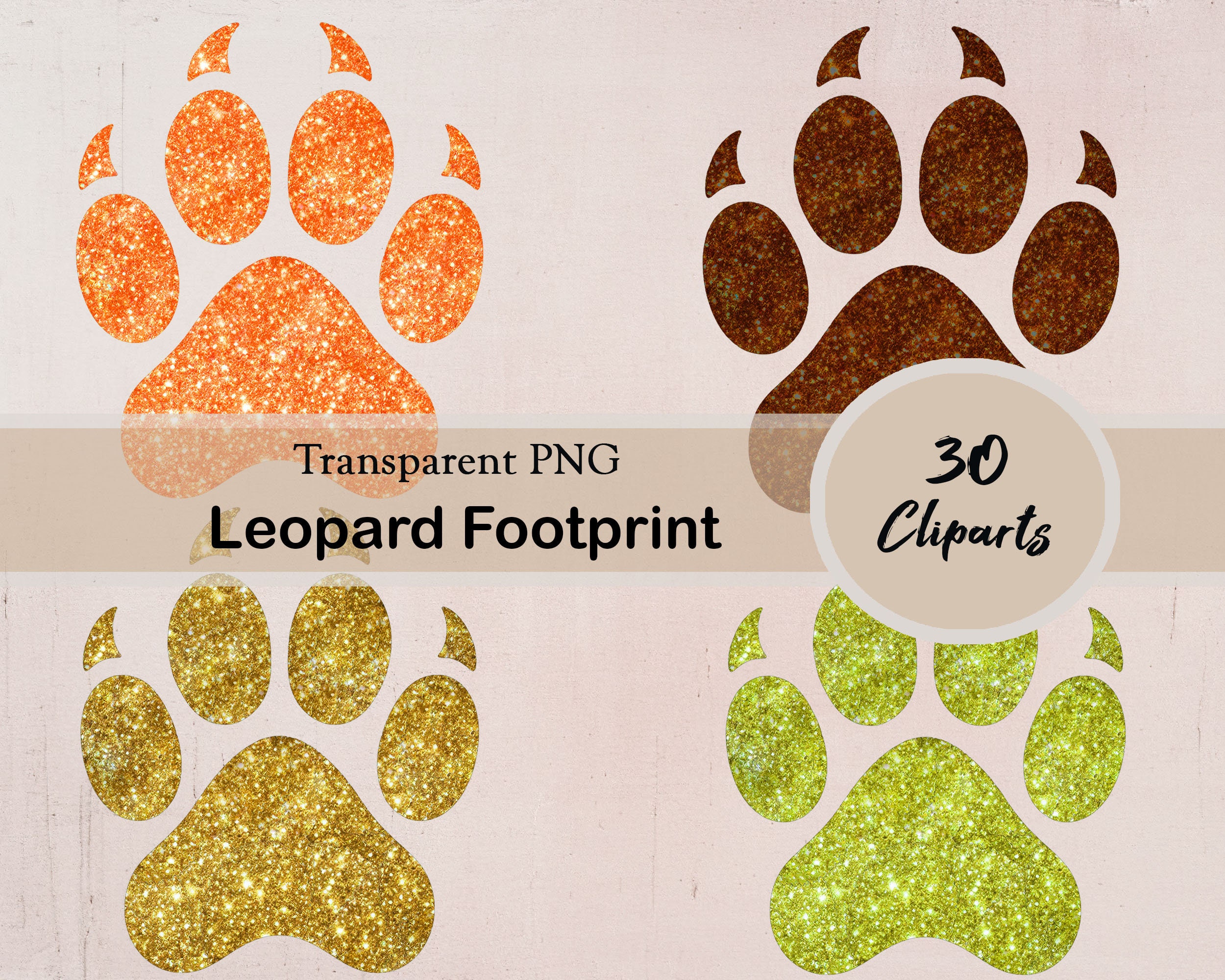 Leopard Footprint, 30 PNG Cliparts, Glitter Footprints, Leopard, Animal ...