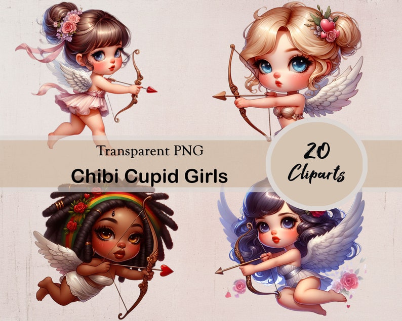 Chibi Cupid Girls, 20 Png Cliparts, Transparent, Valentine's Day ...