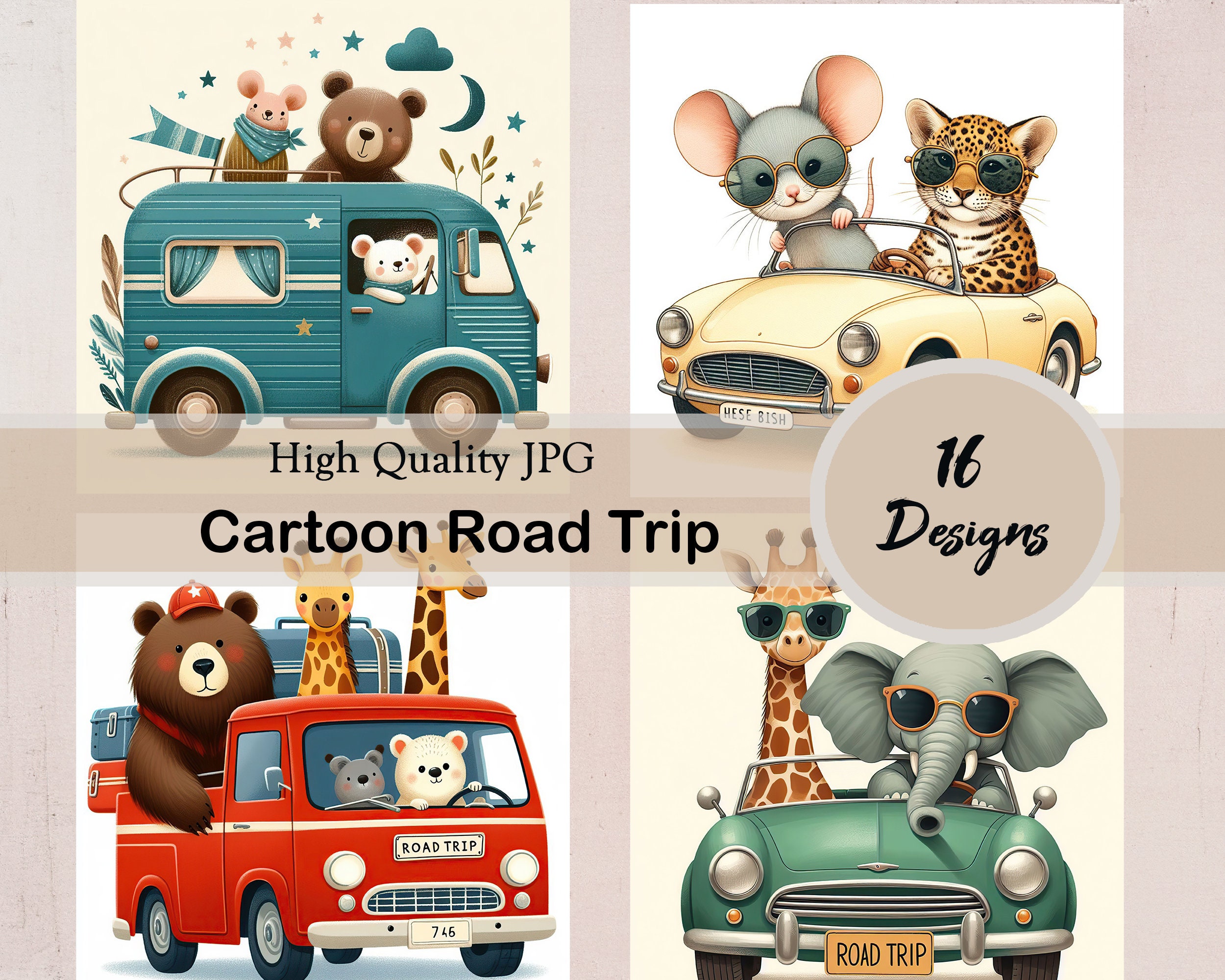 Cartoon Road Trip, 16 JPG Images, Clipart, Nursery, Baby Room, Baby ...