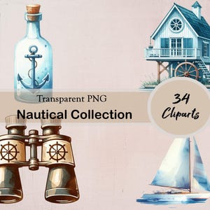 Nautical Collection Clipart, 34 PNG Cliparts, Watercolor Coastal, Sea ...