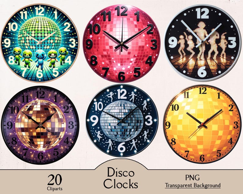 Disco Clocks, 20 PNG Cliparts, Disco Ball, Wall Clock, Mirror Ball ...