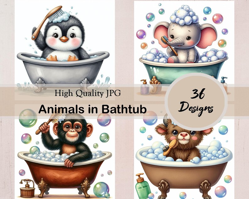 Bathtube Animals, 36 JPG Images, Bubble Bath Animals, Nursery, Wall Art ...