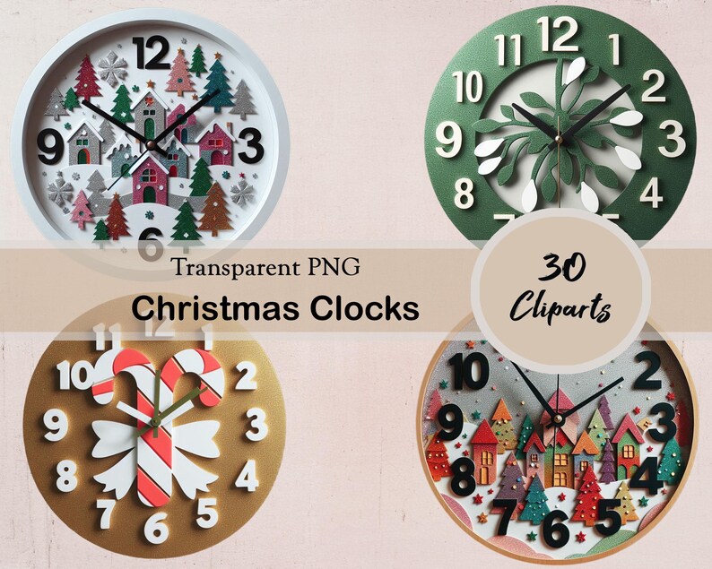 Christmas Clocks, 30 PNG Cliparts, Wall Clocks, Table Clocks, Digital ...