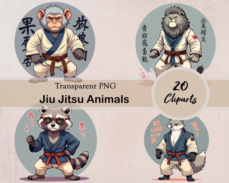 Jiu Jitsu Animals Clipart, Funny Animals, 20 PNG Cliparts, Brazilian ...