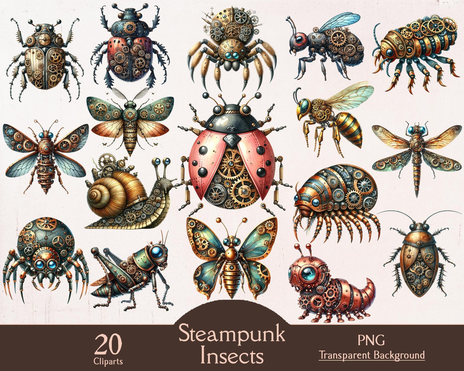 Steampunk Insects, 20 PNG Cliparts, Steampunk, Insect, Printable ...