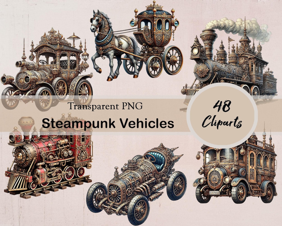 Steampunk Vehicles, 48 PNG Steampunk Cliparts, Watercolor, Steampunk ...