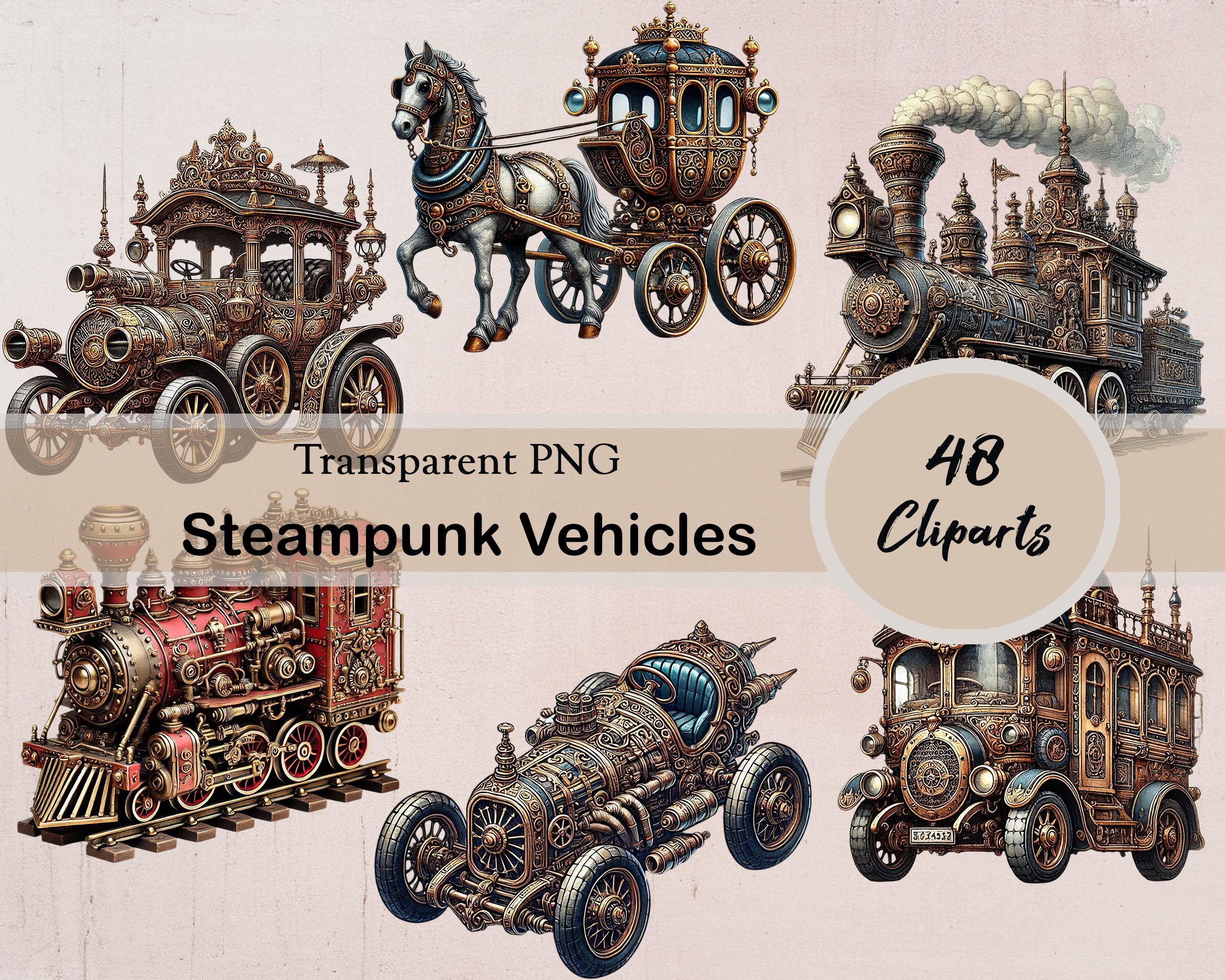 Steampunk Vehicles, 48 PNG Steampunk Cliparts, Watercolor, Steampunk ...