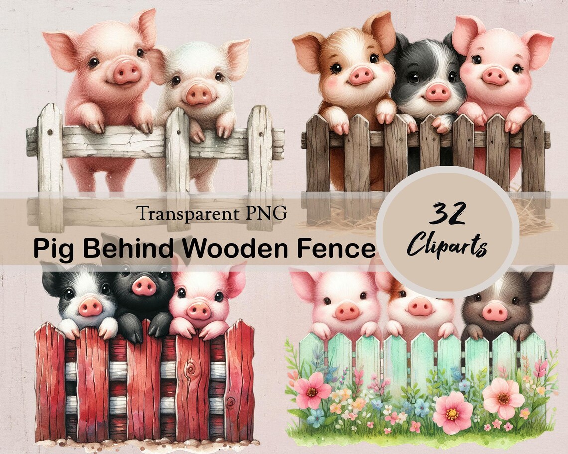 Watercolor Pig Behind Wooden Fence Clipart, Floral Pig Illustration, 32 ...