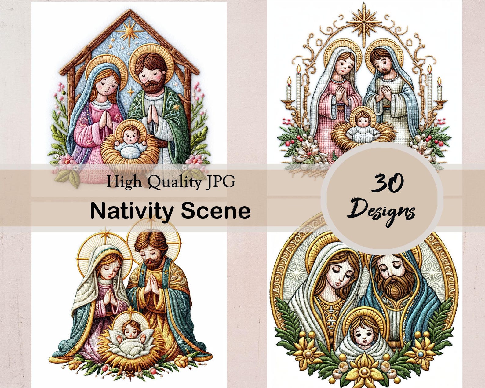 Nativity Scene, 30 JPG Images, Embroidered, Clipart, Christmas, Digital ...