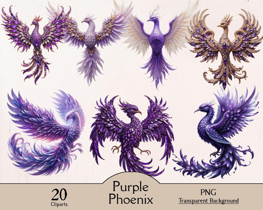Purple Sparkling Phoenix Clipart, Glitter Legendary Phoenix, 20 PNG ...