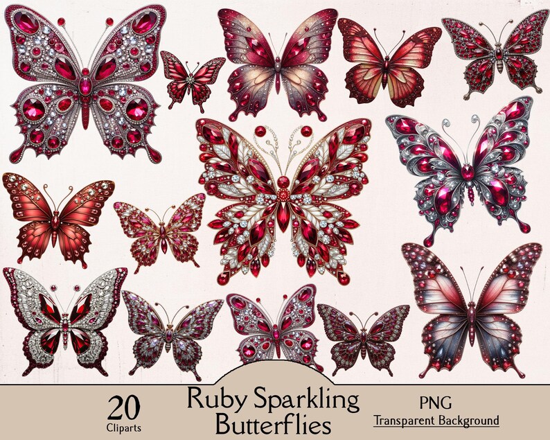 Ruby Sparkling Butterfly, Glitter Butterfly, 20 PNG Cliparts, Wedding ...