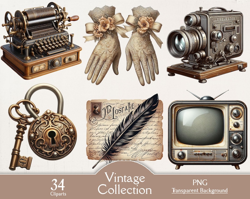 Vintage Collection Clipart, 34 PNG Cliparts With Transparent Background ...