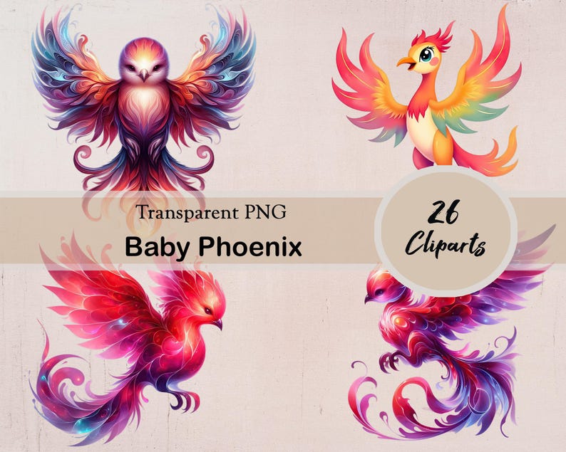 Watercolor Baby Phoenix Clipart, Vibrant Legendary Fire Bird, 26 PNG ...