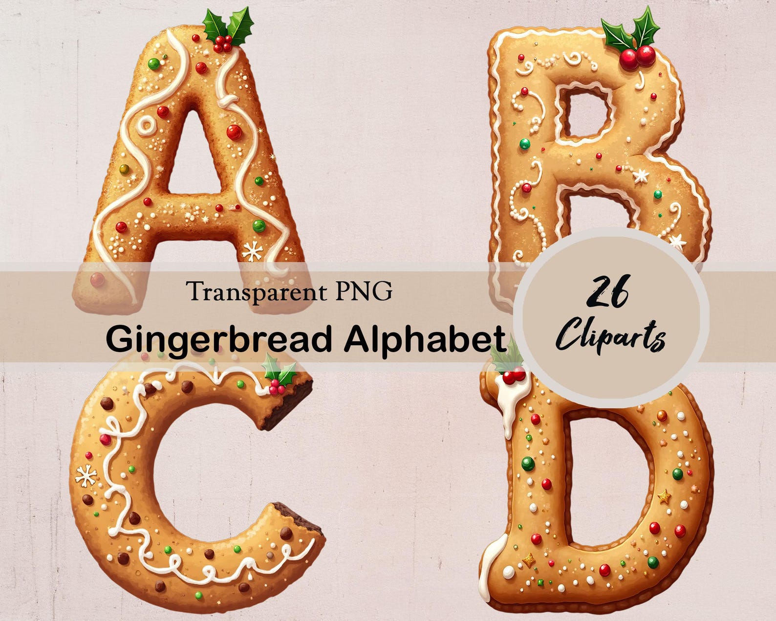 Gingerbread Alphabet Clipart, Christmas Alphabet, 26 PNG Cliparts ...