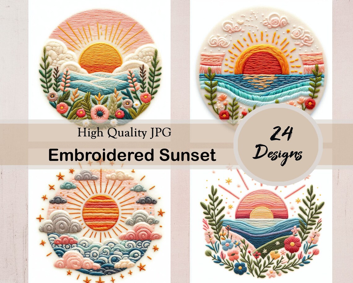 Embroidered Sunset, 24 JPG Images, Embroidery, Sunset, Landscape ...