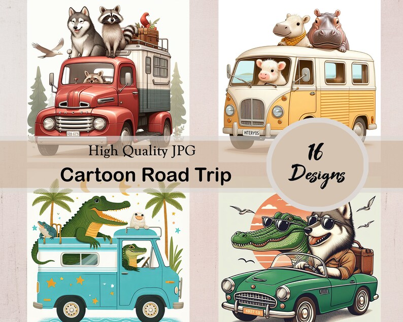 Cartoon Road Trip, 16 JPG Images, Clipart, Nursery, Baby Room, Baby ...
