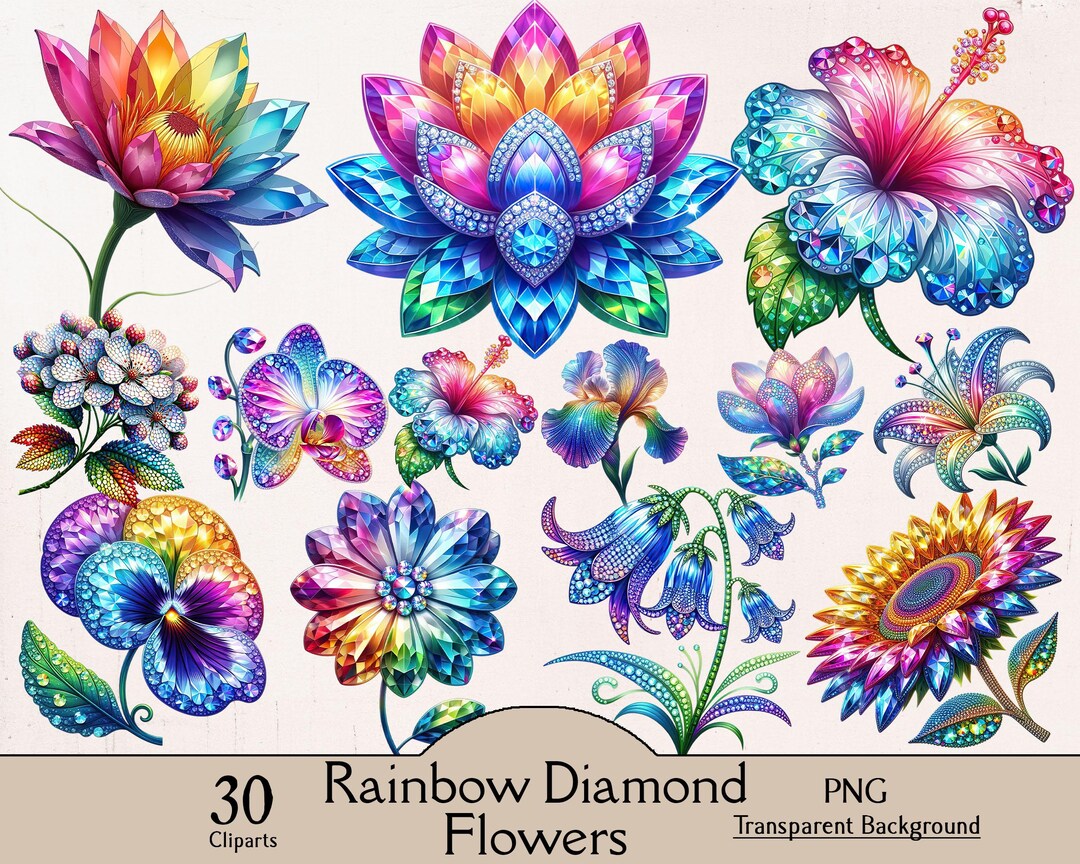 Rainbow Diamond Sparkling Flower Clipart, Rainbow Floral Designs, 30 ...
