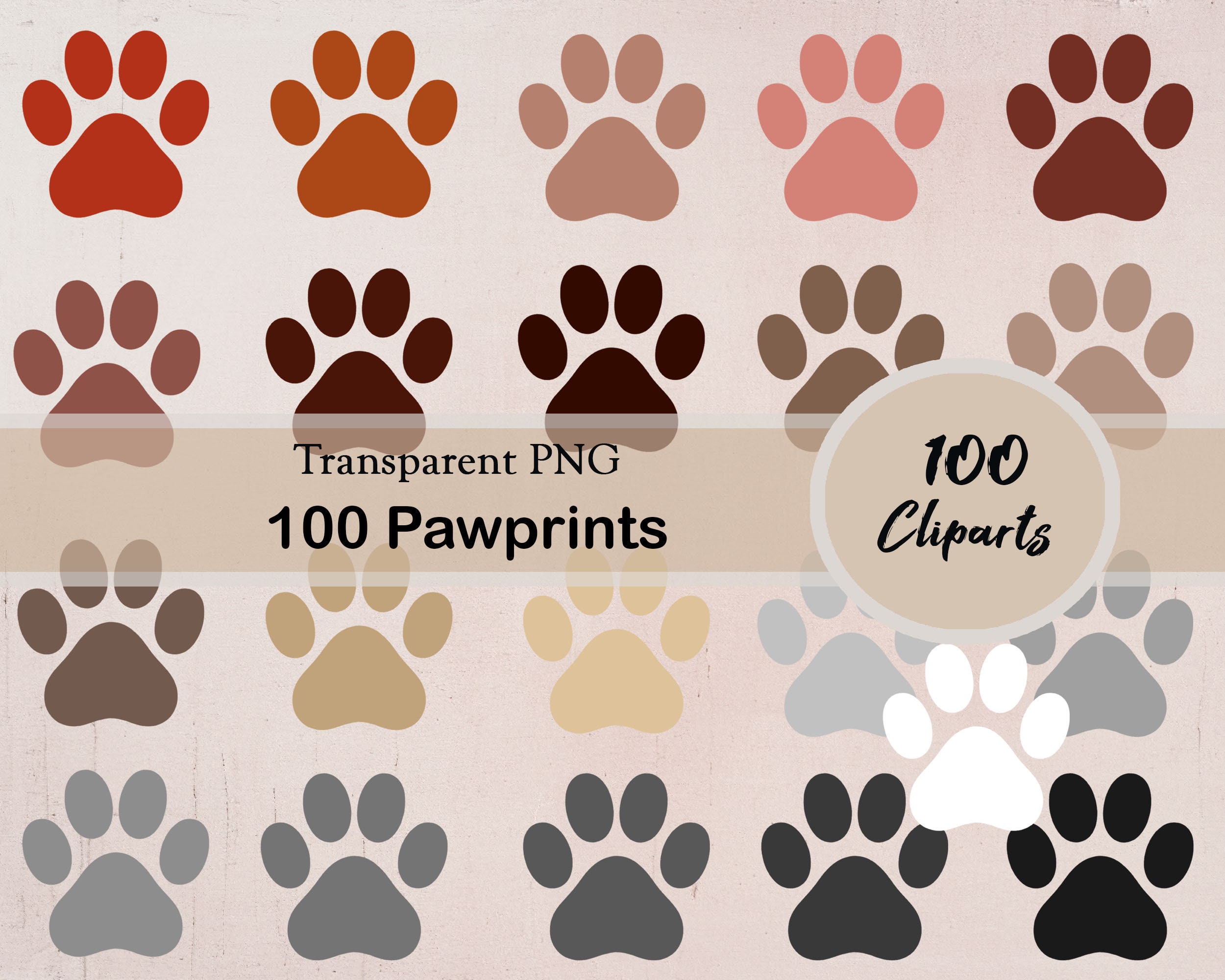 100 Pawprints, 100 Colors Pawprint, 100 PNG Cliparts, Digital Download ...